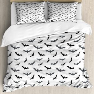 Lunarable Goth Duvet Cover Set, Halloween Concept Silhouette of Flying Bats and Shadows Pattern, Decorative 3 Piece Bedding Set with 2 Pillow Shams, King Size, White Grey