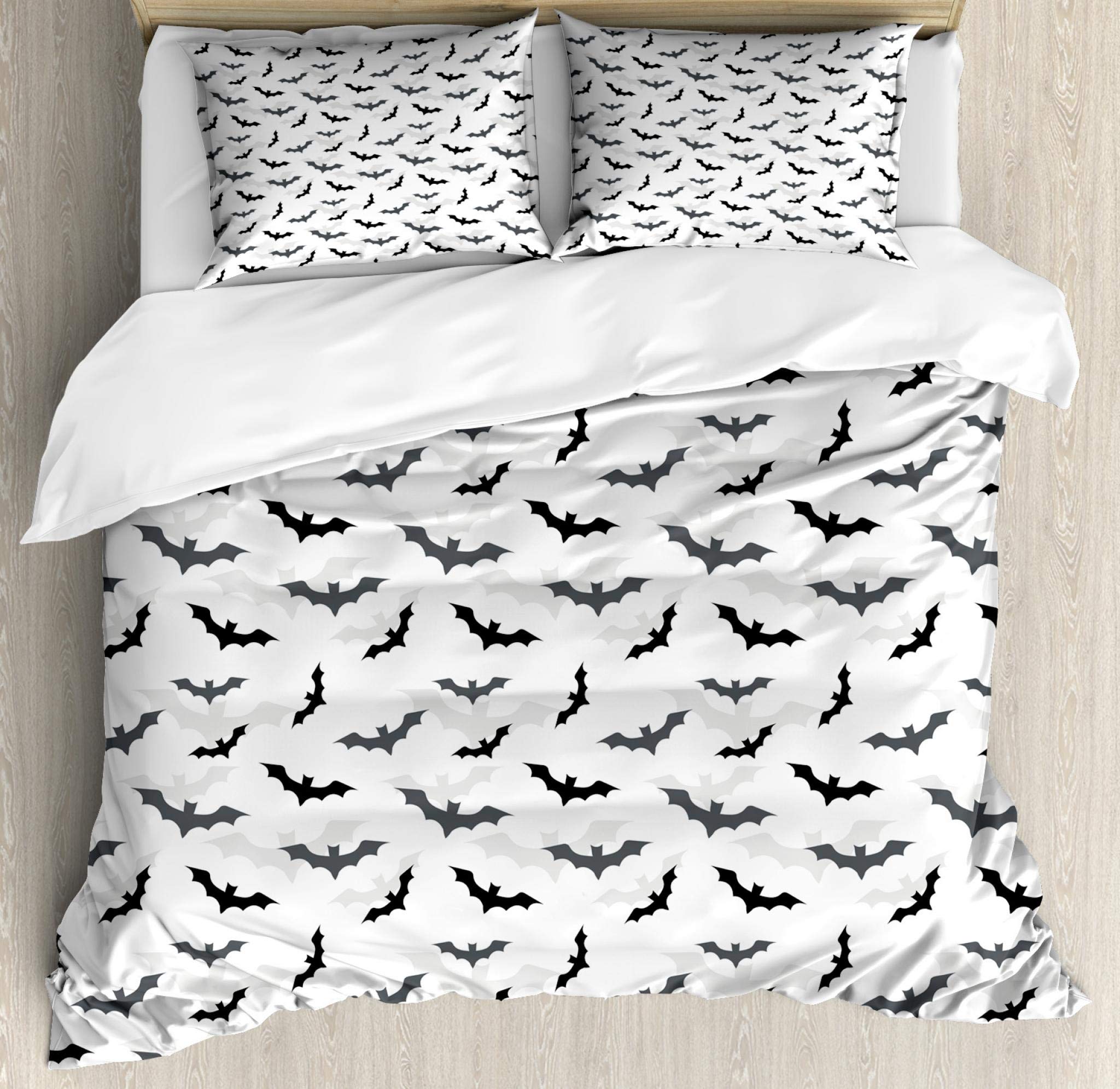 Lunarable Goth Duvet Cover Set, Halloween Concept Silhouette of Flying Bats and Shadows Pattern, Decorative 3 Piece Bedding Set with 2 Pillow Shams, King Size, White Grey