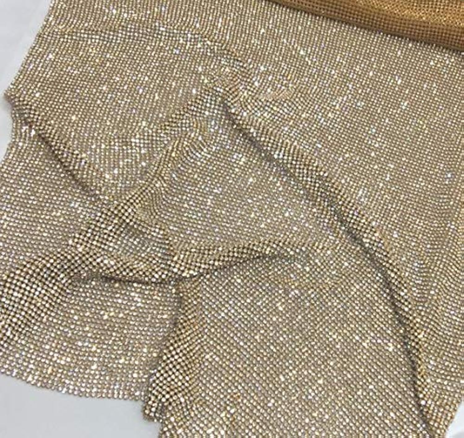 Creativesugar Craft Material Metal Sequin Mesh Fabric Cuttable for Clothing Bag Making Party Shoes Decorations (Gold Rhinestones)