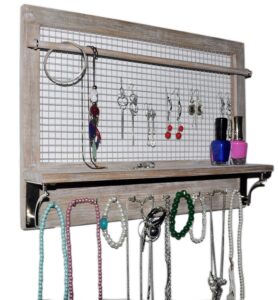 spiretro white jewelry organizer, wall mount jewelry holder rack with hooks shelf and removable rod hanging display earrings necklaces bracelets rings storage accessories wood