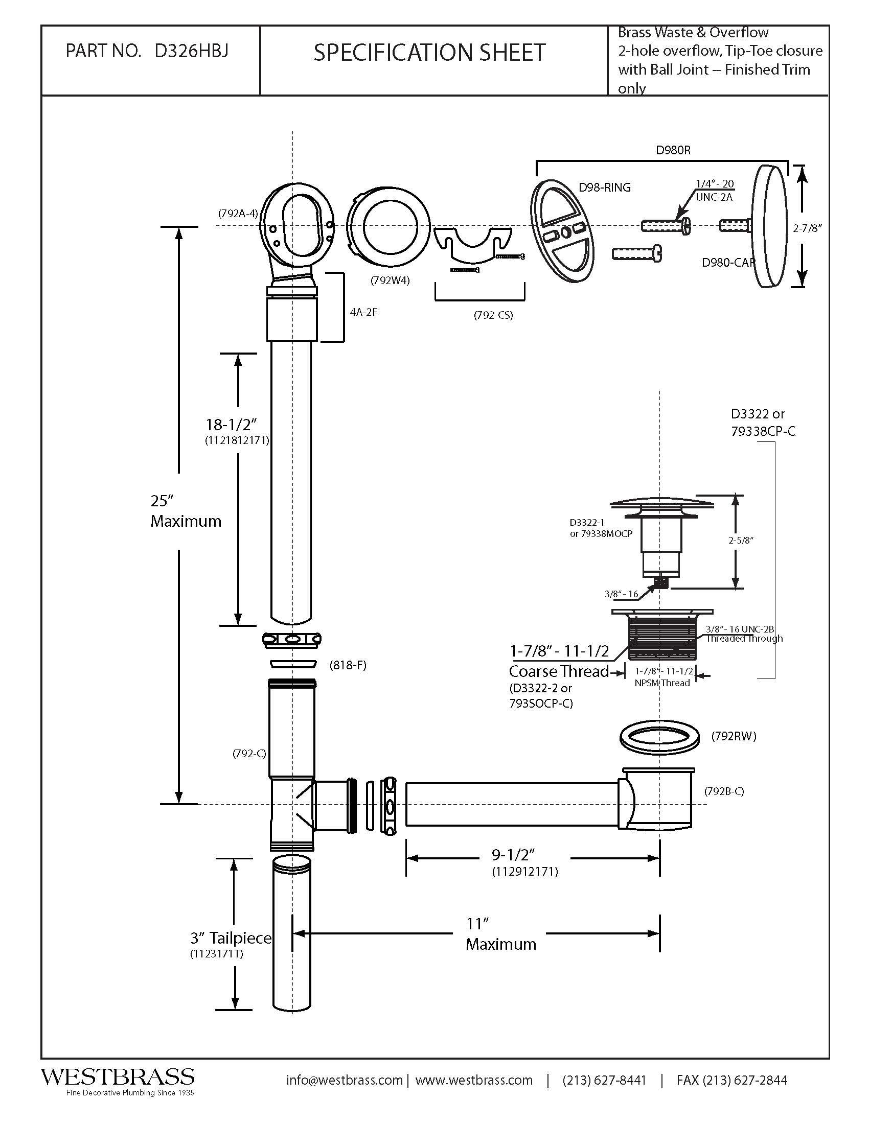 Westbrass D326HBJ-03 25" Bath Waste Assembly with Ball Joint, Tip-Toe Drain and Illusionary Overflow Faceplate, Polished Brass