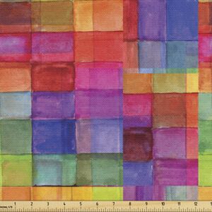 ambesonne abstract fabric by the yard, rainbow colored geometric square shaped blurry effects watercolor design, decorative fabric for upholstery and home accents, 3 yards, magenta