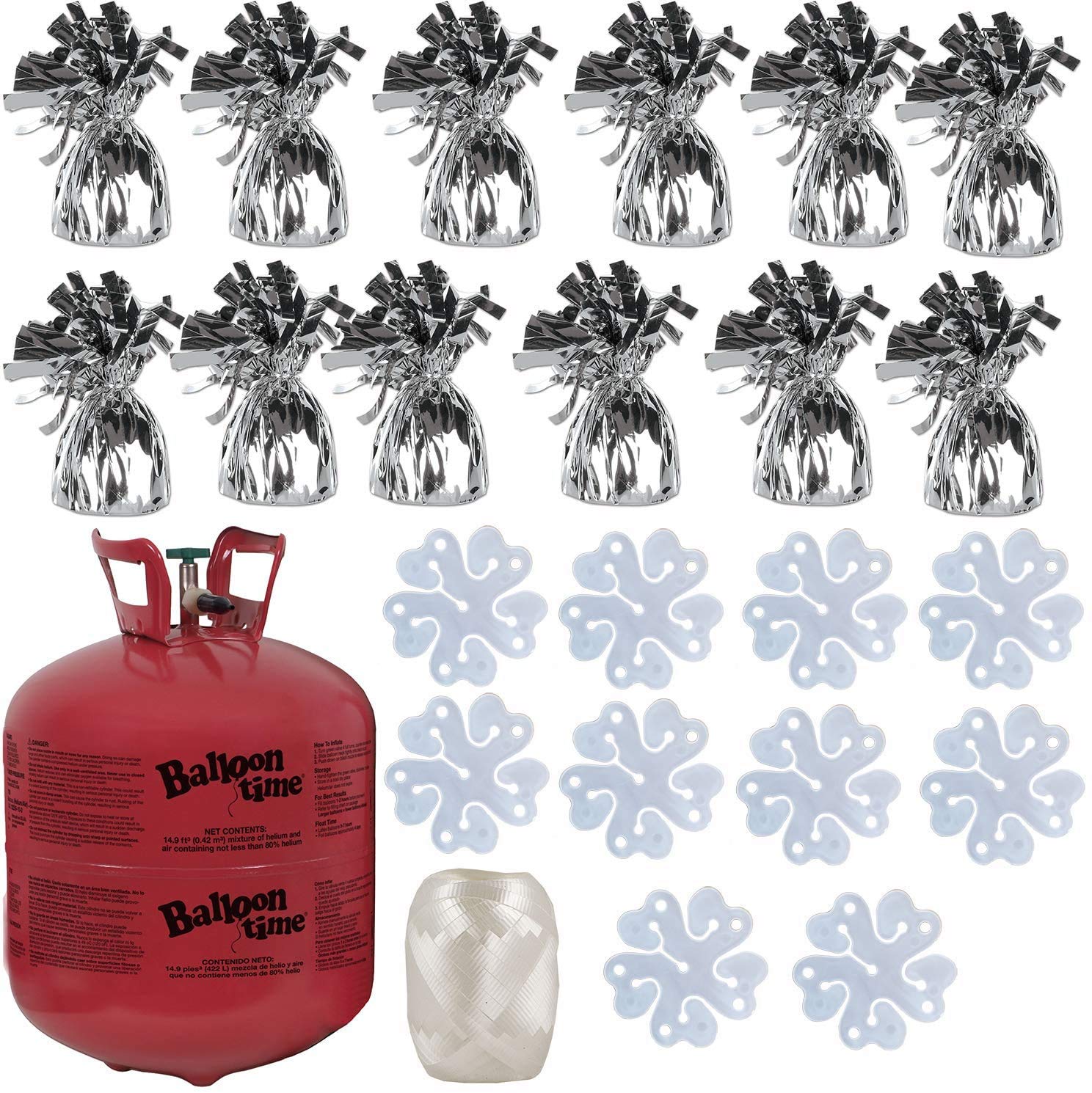 Balloon Time Disposable Helium Tank 14.9 cu.ft - 12 Silver Balloon Weights + Curling Ribbon and Flower Clips