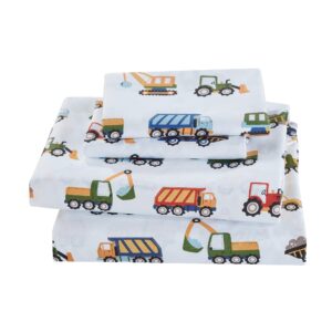 Linen Plus Sheet Set for Kids Construction Tractors Excavators Loaders Dump Trucks Compactors White Blue Red Green Yellow Grey Flat Fitted and Pillow case Twin Size New