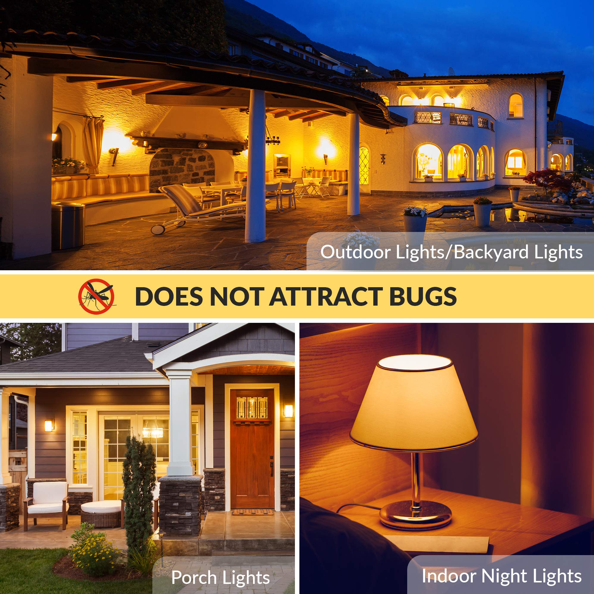 Simba Lighting LED Bug Non-Attracting Yellow Bulb 6W 40W Equivalent, Great for Outdoor Porch Light, Night Light, Dusk-to-Dawn Smart Sensor Auto On/Off, Amber Warm Light, A19 E26 Medium Base, Pack of 4