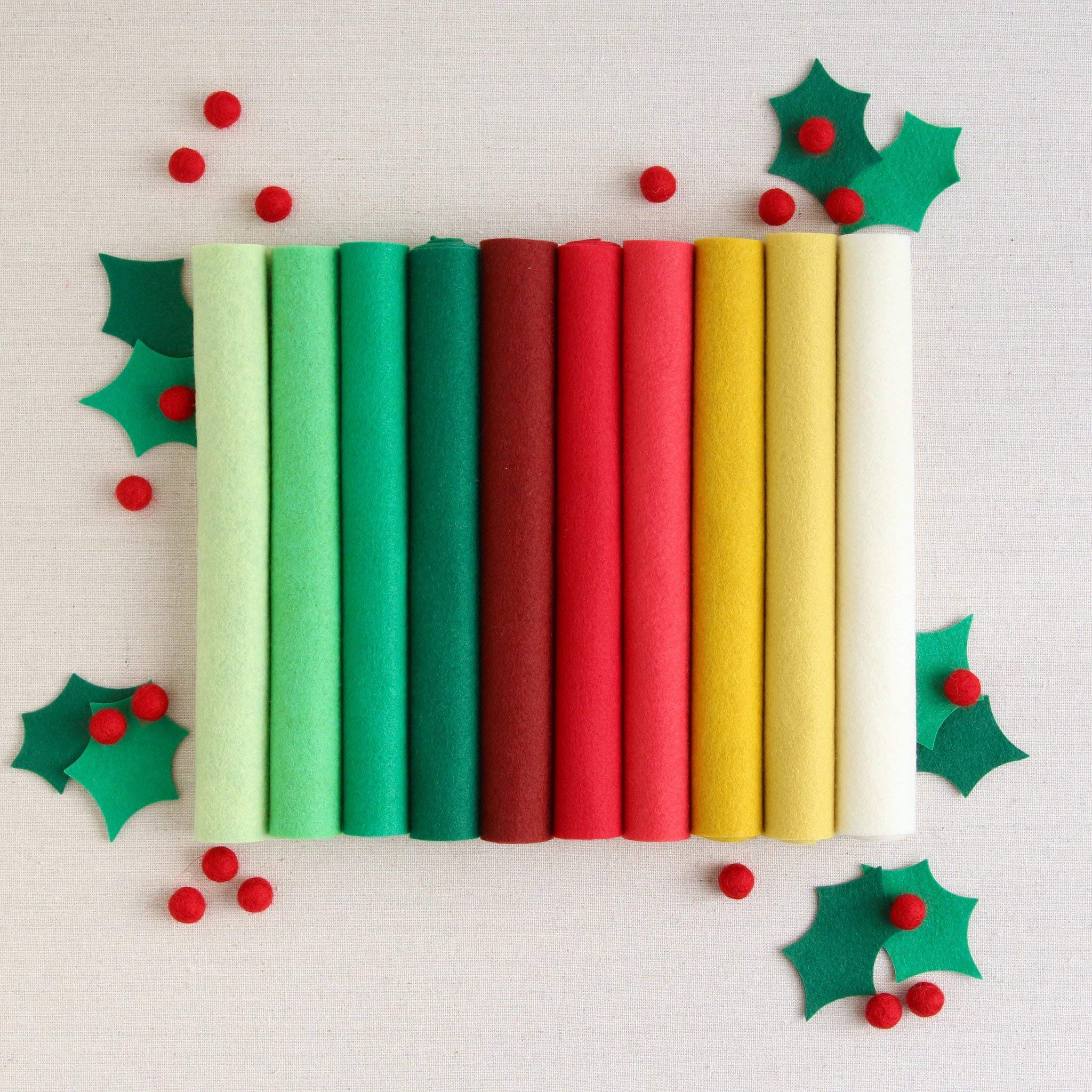 Benzie Design Wool Felt, 10 pcs 9"x12" in Classic Christmas Colors, 1 mm Thick, Soft & Pliable, Wool Blend Felt, Christmas 9"x12"