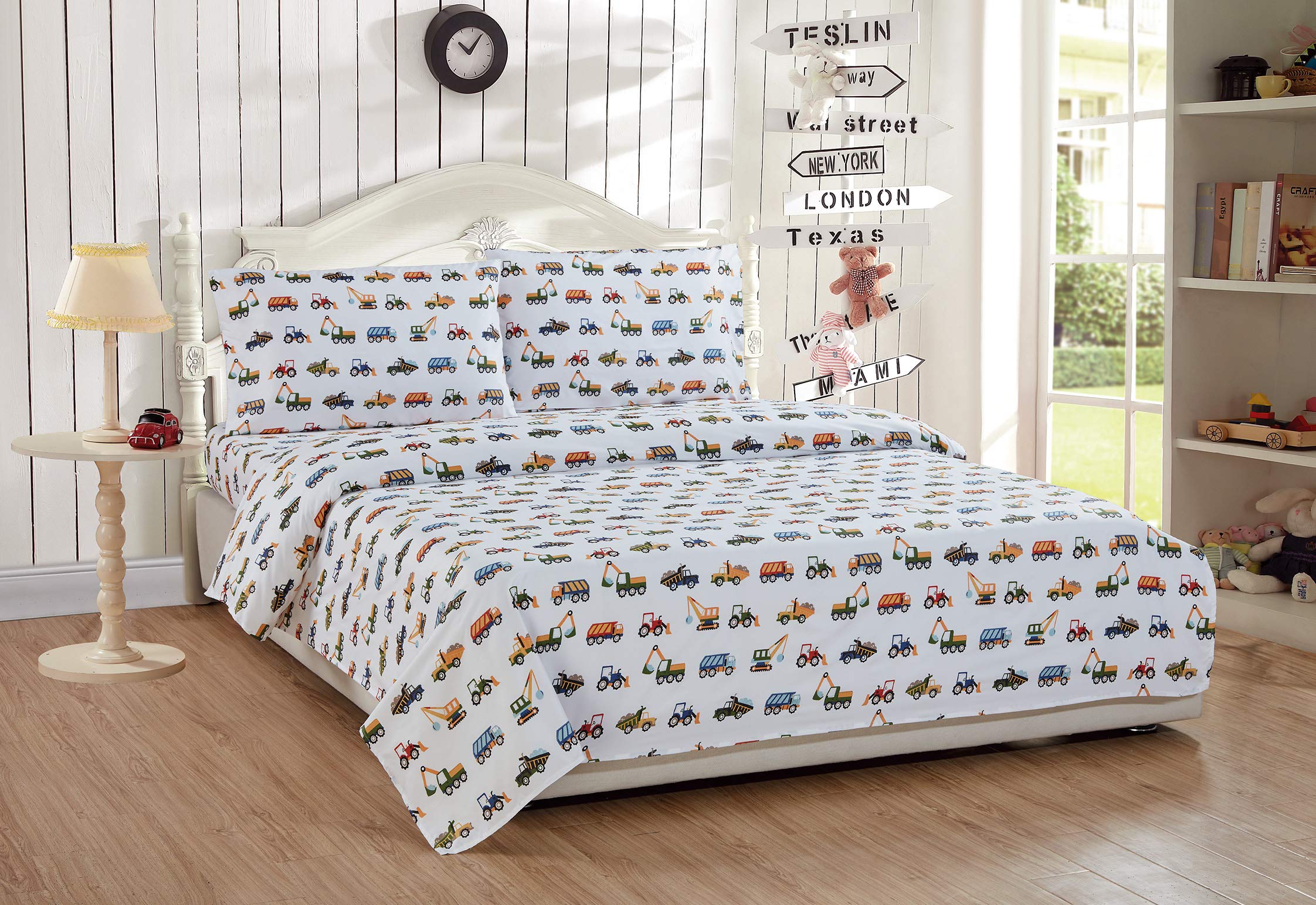 Linen Plus Sheet Set for Kids Construction Tractors Excavators Loaders Dump Trucks Compactors White Blue Red Green Yellow Grey Flat Fitted and Pillow case Twin Size New