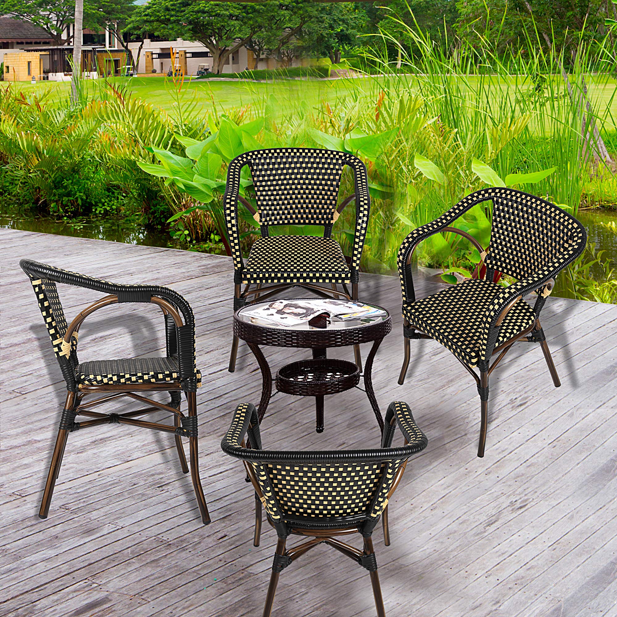 KARMAS PRODUCT 4 Piece Patio Rattan Wicker Chair, Indoor Outdoor Use Garden Lawn Backyard Bistro Cafe Stack Chair,All Weather Resistant