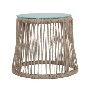 gdfstudio outdoor side table, steel and rope, tempered glass table top, boho, brown