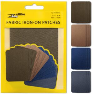 zefffka premium quality fabric iron-on patches inside & outside strongest glue 100% cotton deep blue khaki gray brown repair decorating kit 12 pieces size 3" by 4-1/4" (7.5 cm x 10.5 cm)