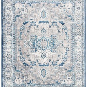 SAFAVIEH Brentwood Collection Area Rug - 9' x 12', Light Grey & Blue, Medallion Distressed Design, Non-Shedding & Easy Care, Ideal for High Traffic Areas in Living Room, Bedroom (BNT851G)