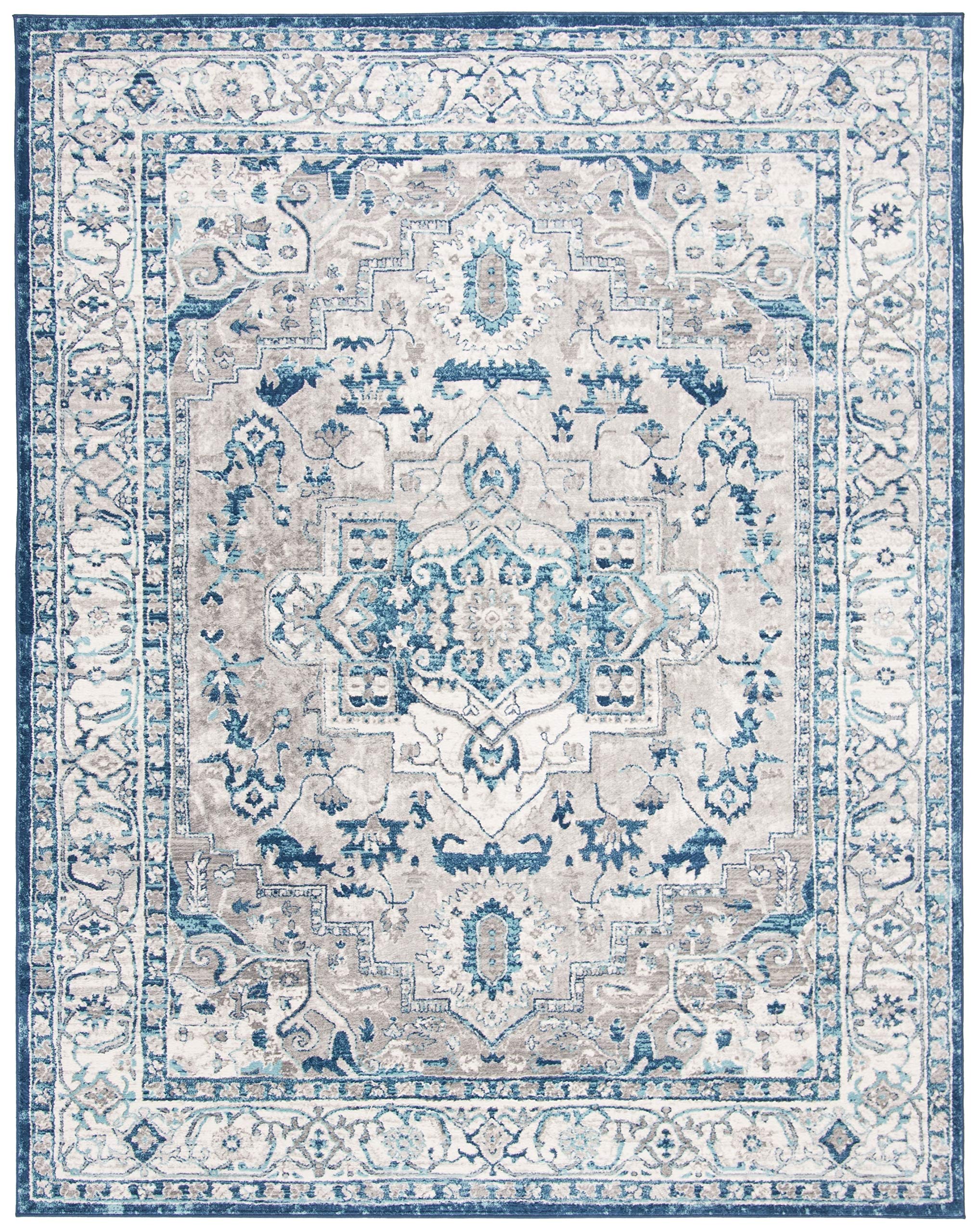 SAFAVIEH Brentwood Collection Area Rug - 9' x 12', Light Grey & Blue, Medallion Distressed Design, Non-Shedding & Easy Care, Ideal for High Traffic Areas in Living Room, Bedroom (BNT851G)