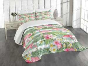 ambesonne flamingo bedspread set, flamingos with exotic hawaiian leaves flowers on striped vintage background, 3 piece decorative bedding coverlet and 2 pillow shams, king size, green pink white