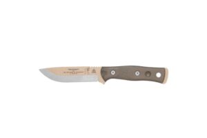 tops knives fieldcraft by brothers of bushcraft coytoe tan full tage fixed blade- coyote tan coating finish- coyote tan kydex sheath w/rotating spring steel (green canvas micarta handle)