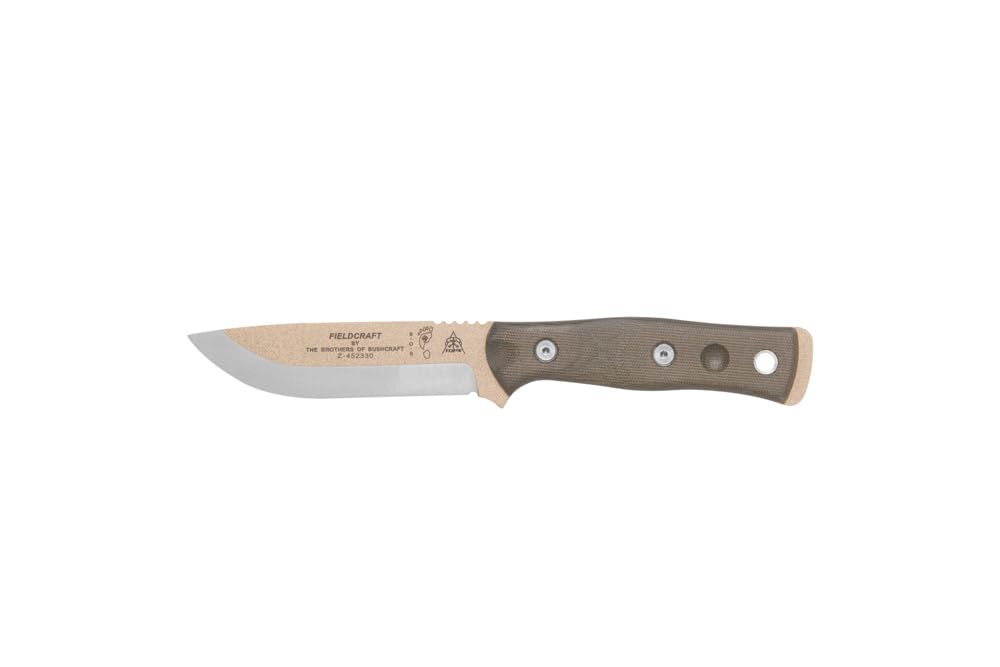 Tops Knives Fieldcraft by Brothers of Bushcraft Coytoe Tan Full Tage Fixed Blade- Coyote Tan Coating Finish- Coyote Tan Kydex Sheath w/Rotating Spring Steel (Green Canvas Micarta Handle)