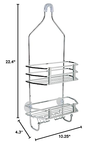 Bath Bliss Shower Head Caddy, Suction Cup Backing, 2 Tier Shelving & 6 Accessory Hooks, Chrome