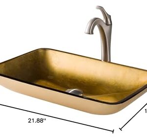 KRAUS 22-inch Rectangular Gold Glass Bathroom Vessel Sink and Spot Free Arlo Faucet Combo Set with Pop-Up Drain, Stainless Brushed Nickel C-GVR-210-RE-1200SFS