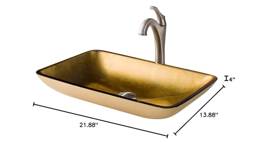 KRAUS 22-inch Rectangular Gold Glass Bathroom Vessel Sink and Spot Free Arlo Faucet Combo Set with Pop-Up Drain, Stainless Brushed Nickel C-GVR-210-RE-1200SFS