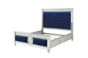 acme varian queen upholstered panel bed in blue velvet and mirrored