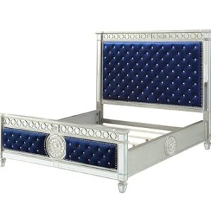 Acme Varian Queen Upholstered Panel Bed in Blue Velvet and Mirrored