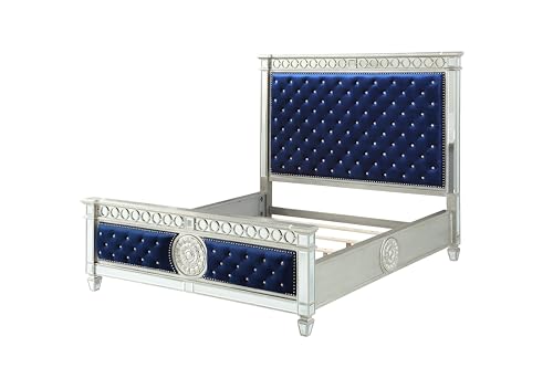 Acme Varian Queen Upholstered Panel Bed in Blue Velvet and Mirrored