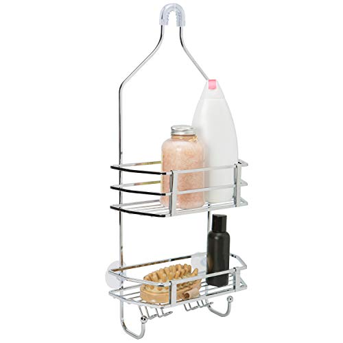 Bath Bliss Shower Head Caddy, Suction Cup Backing, 2 Tier Shelving & 6 Accessory Hooks, Chrome