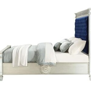 Acme Varian Queen Upholstered Panel Bed in Blue Velvet and Mirrored