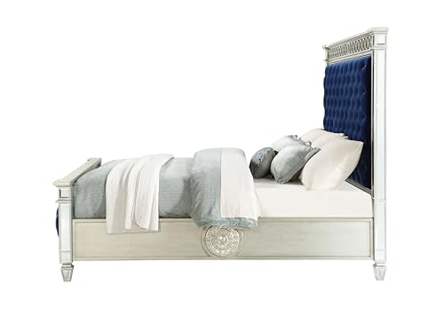 Acme Varian Queen Upholstered Panel Bed in Blue Velvet and Mirrored