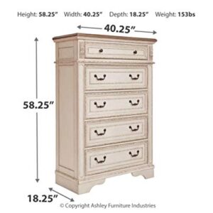 Signature Design by Ashley Realyn French Country Two Tone 5 Drawer Chest of Drawers, Chipped White