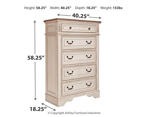 Signature Design by Ashley Realyn French Country Two Tone 5 Drawer Chest of Drawers, Chipped White