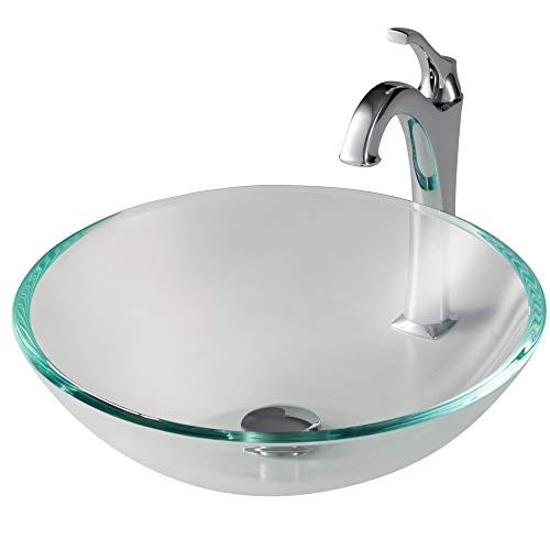 KRAUS 16 1/2-inch Crystal Clear Glass Bathroom Vessel Sink and Arlo™ Faucet Combo Set with Pop-Up Drain, Chrome Finish