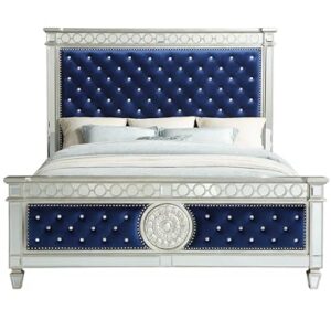 Acme Varian Queen Upholstered Panel Bed in Blue Velvet and Mirrored