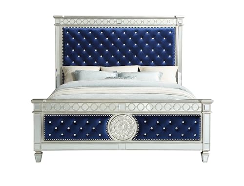 Acme Varian Queen Upholstered Panel Bed in Blue Velvet and Mirrored