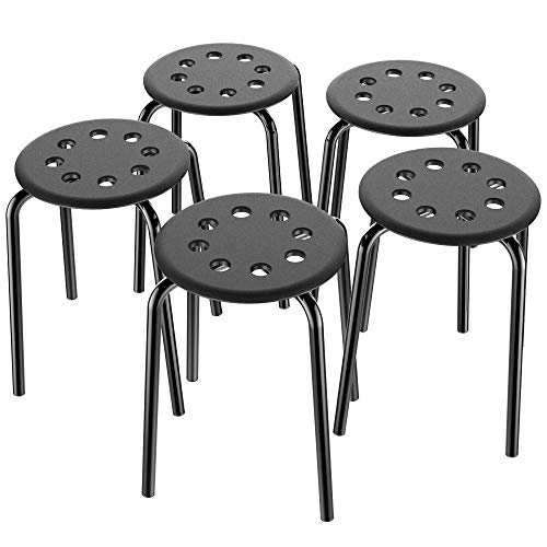 Topeakmart Set of 5 Commercial Plastic Stackable Stools Round Top Backless Stool Metal Leg 17.3in Height Black