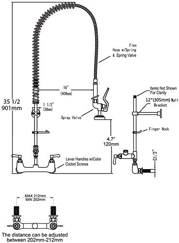 MSTJRY Commercial Sink Faucet with Pre Rinse Sprayer: 35"Height 8"Adjustable Center 12"Swivel Spout Wall Mount Pre Rinse Faucet-Perfect for 2/3 Compartment Sink (Polished Chrome,Stainless Steel&Brass)