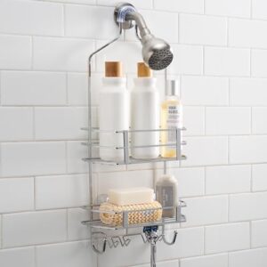 Bath Bliss Shower Head Caddy, Suction Cup Backing, 2 Tier Shelving & 6 Accessory Hooks, Chrome