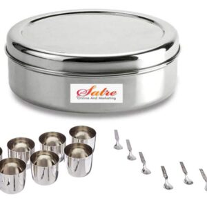 Satre Online and Marketing Stainless Steel Spice Box Without Lid,Stainless Steel Masala Box,Indian Spice Box with 7 Spice Containers and Spoons