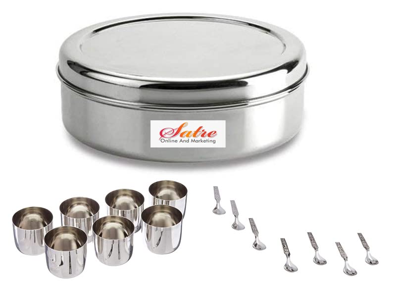 Satre Online and Marketing Stainless Steel Spice Box Without Lid,Stainless Steel Masala Box,Indian Spice Box with 7 Spice Containers and Spoons