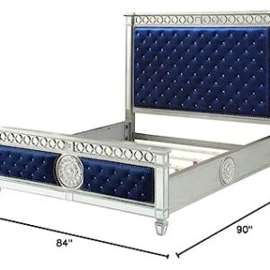 Acme Varian Queen Upholstered Panel Bed in Blue Velvet and Mirrored