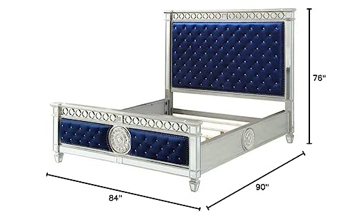 Acme Varian Queen Upholstered Panel Bed in Blue Velvet and Mirrored