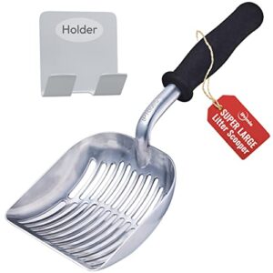 iprimio monster silver metal cat litter scoop, easy grip soft foam ergo short sturdy handle, super large non-stick deep shovel, fast sifting, kitty litter box accessory, suitable for sore hands