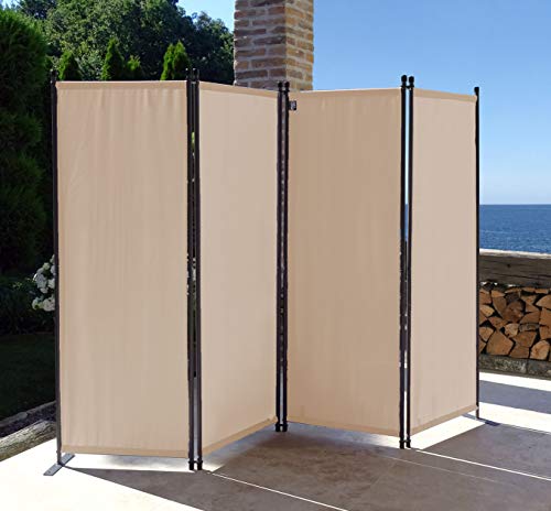 Room Divider 87" W x 65" H Beige | 4-Panel Folding Privacy Screen | Portable Room Partition | Garden Separation Paravent | Water Repellent Indoor & Outdoor Freestanding Wall