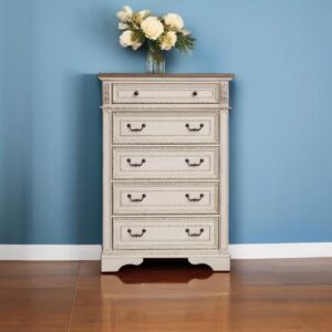 Signature Design by Ashley Realyn French Country Two Tone 5 Drawer Chest of Drawers, Chipped White