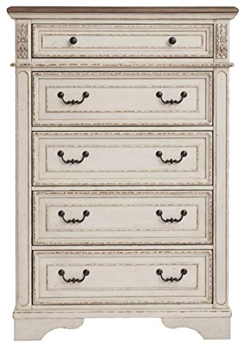 Signature Design by Ashley Realyn French Country Two Tone 5 Drawer Chest of Drawers, Chipped White