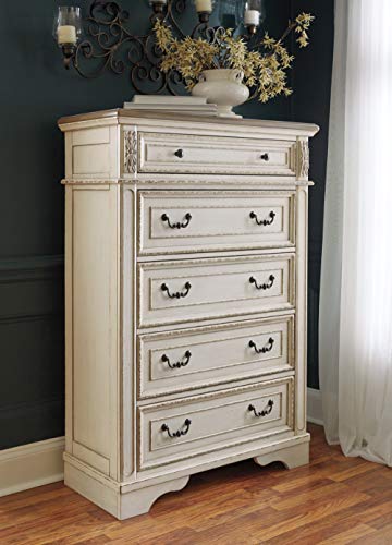 Signature Design by Ashley Realyn French Country Two Tone 5 Drawer Chest of Drawers, Chipped White