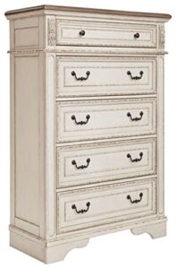 signature design by ashley realyn french country two tone 5 drawer chest of drawers, chipped white