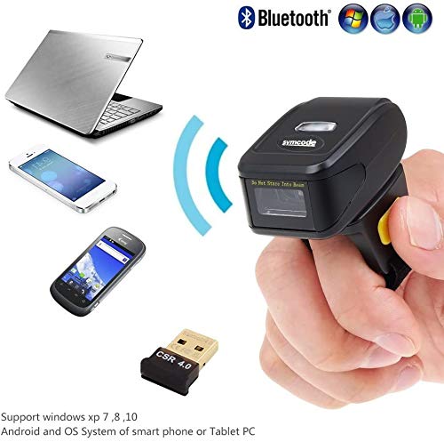 Bluetooth Wireless Ring Barcode Scanner, Portable Wearable Mini Finger 1D Bar Code Reader Work with Windows, Mac OS, Android 4.0+, iOS