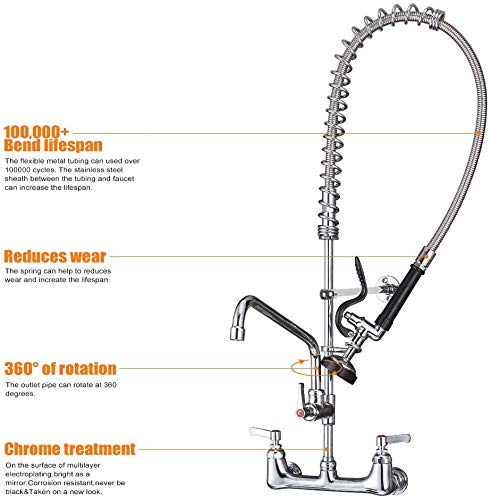 MSTJRY Commercial Sink Faucet with Pre Rinse Sprayer: 35"Height 8"Adjustable Center 12"Swivel Spout Wall Mount Pre Rinse Faucet-Perfect for 2/3 Compartment Sink (Polished Chrome,Stainless Steel&Brass)