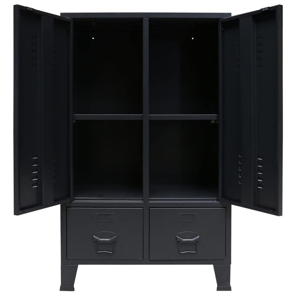 vidaXL Black Wardrobe - Metal Industrial Style Closet with Adjustable Interior Shelves & Drawers, Unique Name Card Holders - Durable & Easy to Assemble