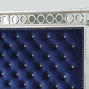 Acme Varian Queen Upholstered Panel Bed in Blue Velvet and Mirrored